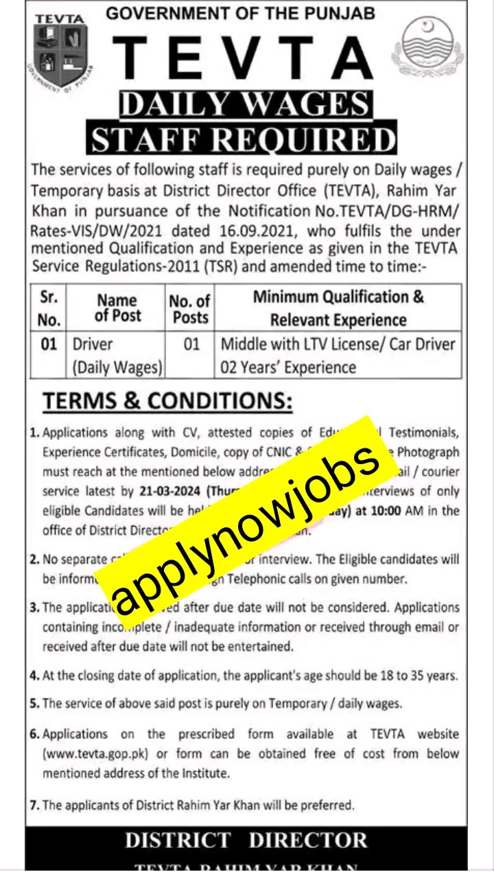 Tevta Punjab Jobs 2024 Apply Now