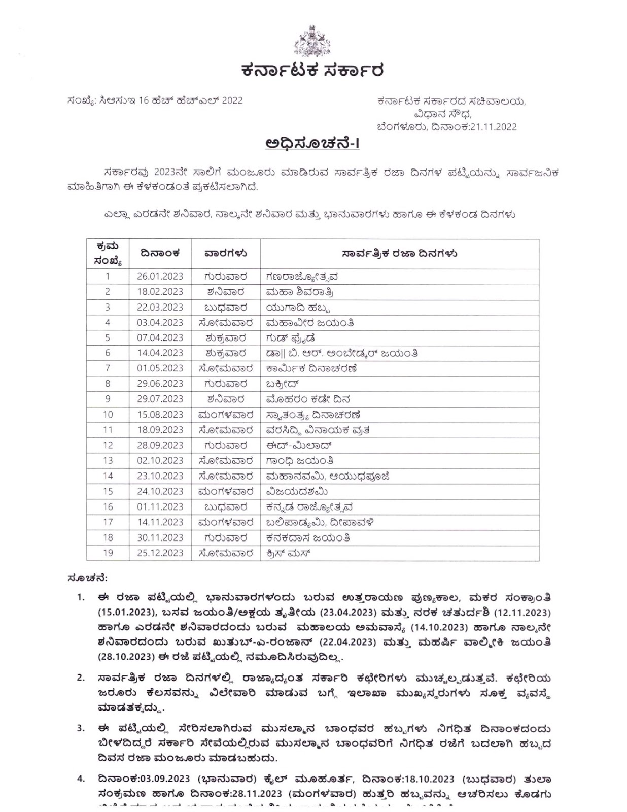 Karnataka Government Holidays 2023 Jnyanabhandar