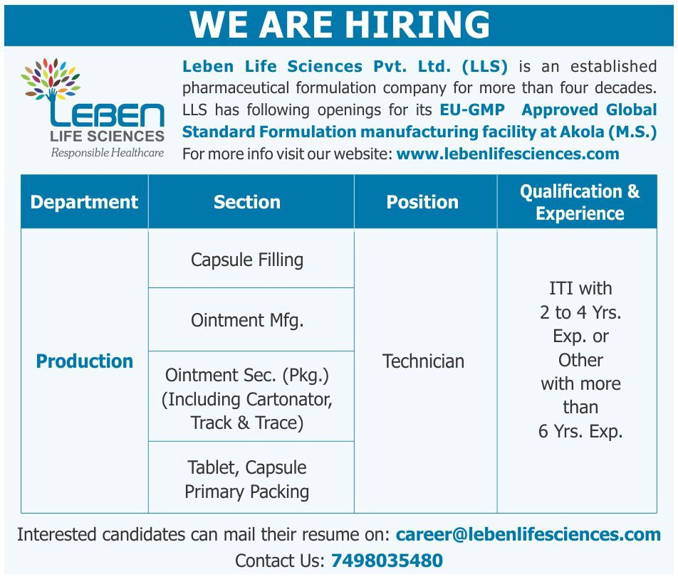 Leben Life Sciences Pvt Ltd Job Vacancy For Production Department