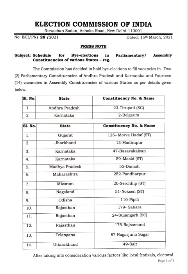 Schedule For Bye Elections In Parliamentary Assembly Constituencies Of