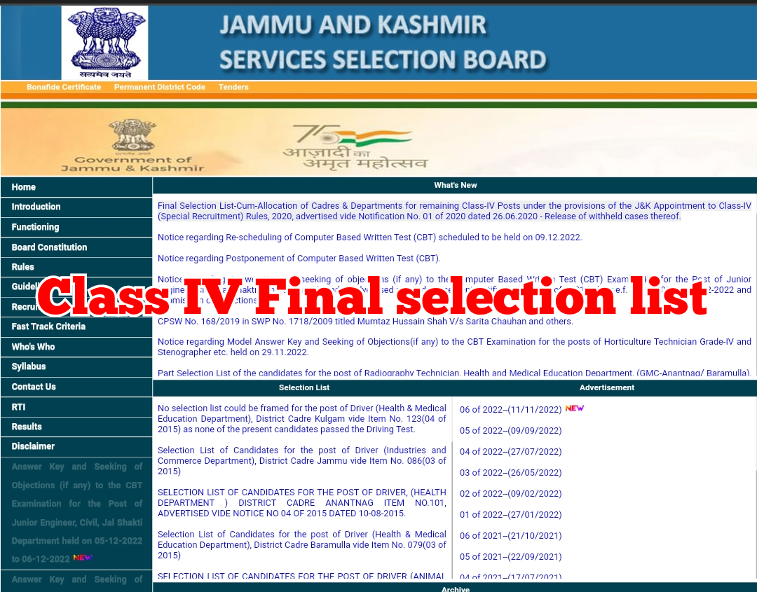 Jkssb Fresh Class Iv Final Selection List Check Here