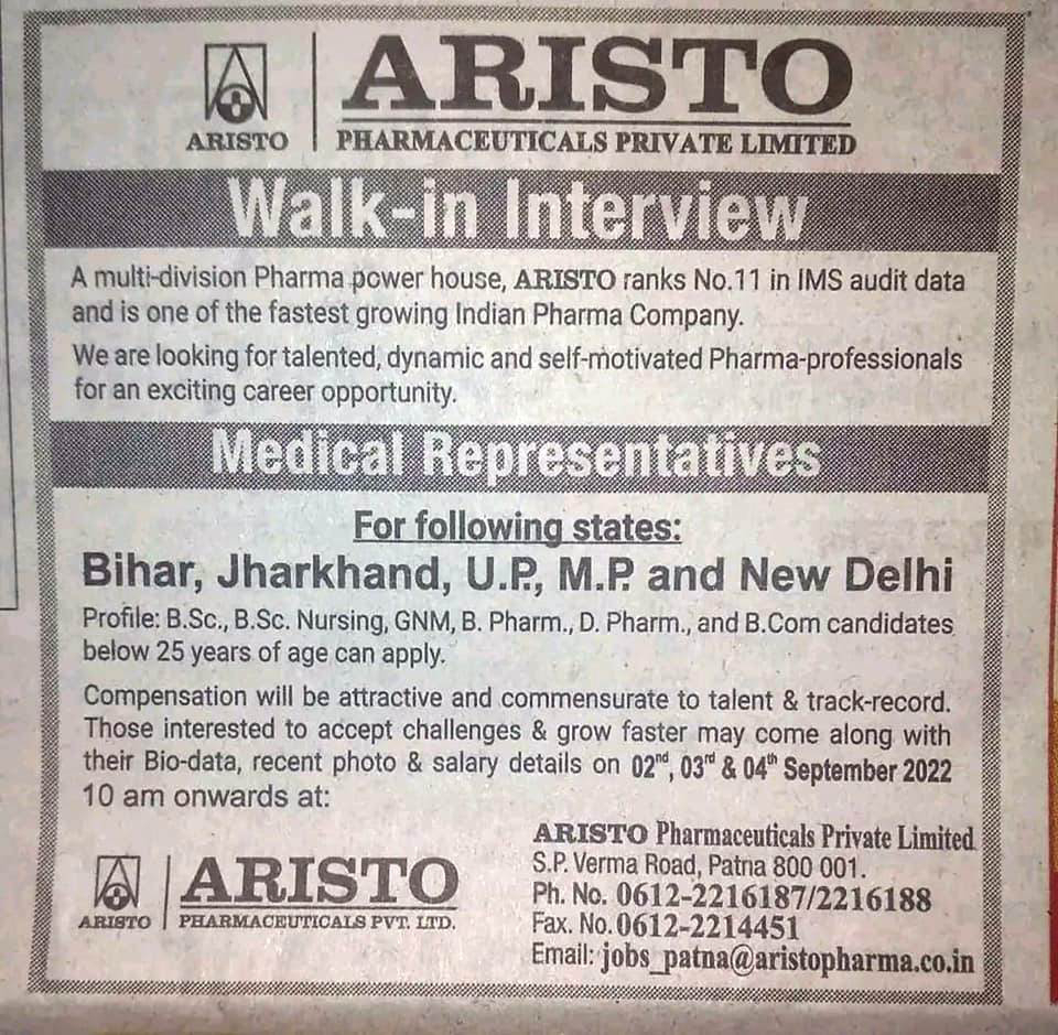 Aristo Pharmaceuticals Pvt Ltd Walk In Interview For Bsc Bsc Nursing