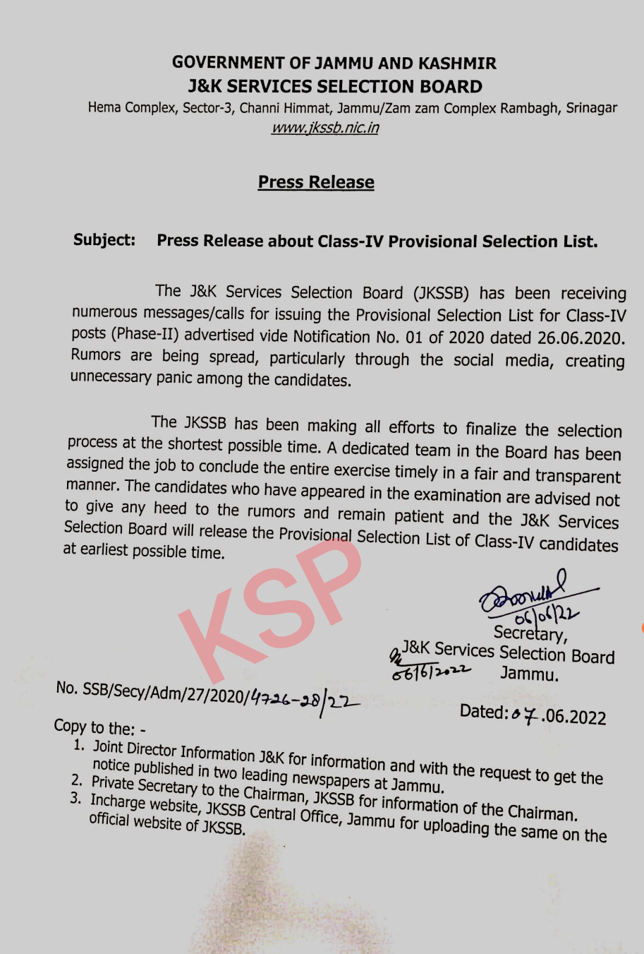 Jkssb Class Iv Posts Selection List Important Update Check Details Below