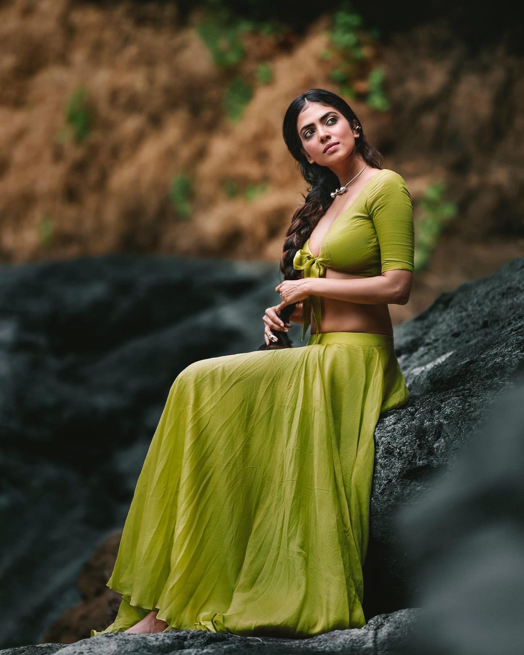 Mallu Actress Malavika Mohanan In Olive Green Open Cut Blouse And Lehanga