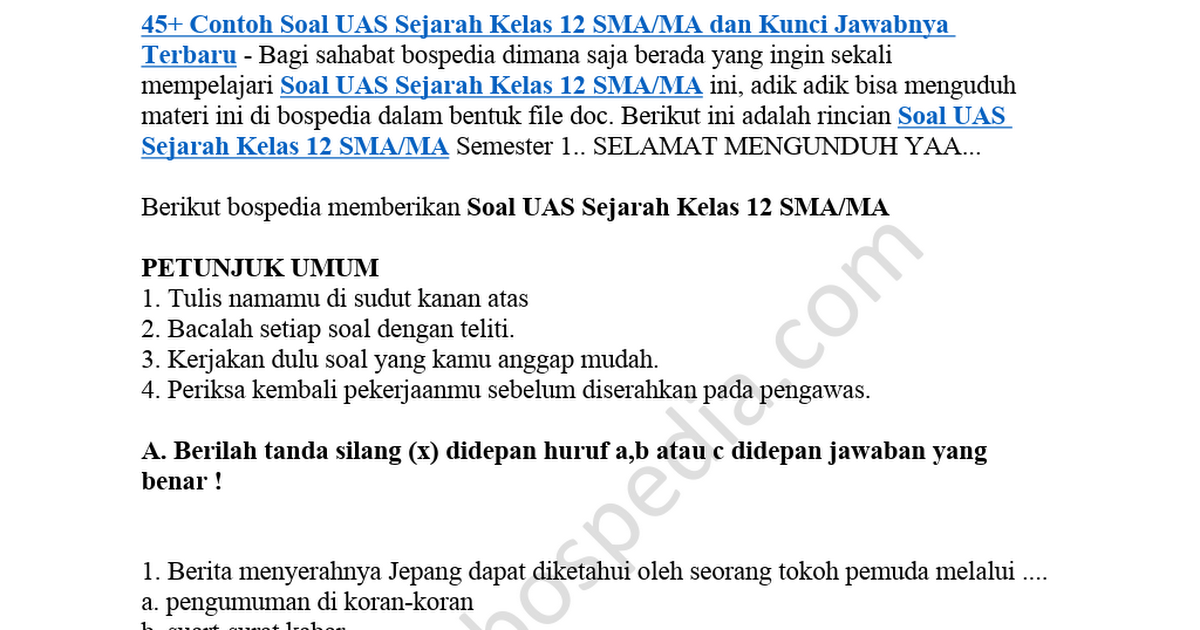 45 Contoh Soal Uas Sejarah Kelas 12 Sma Ma Dan Kunci Jawabnyadocx