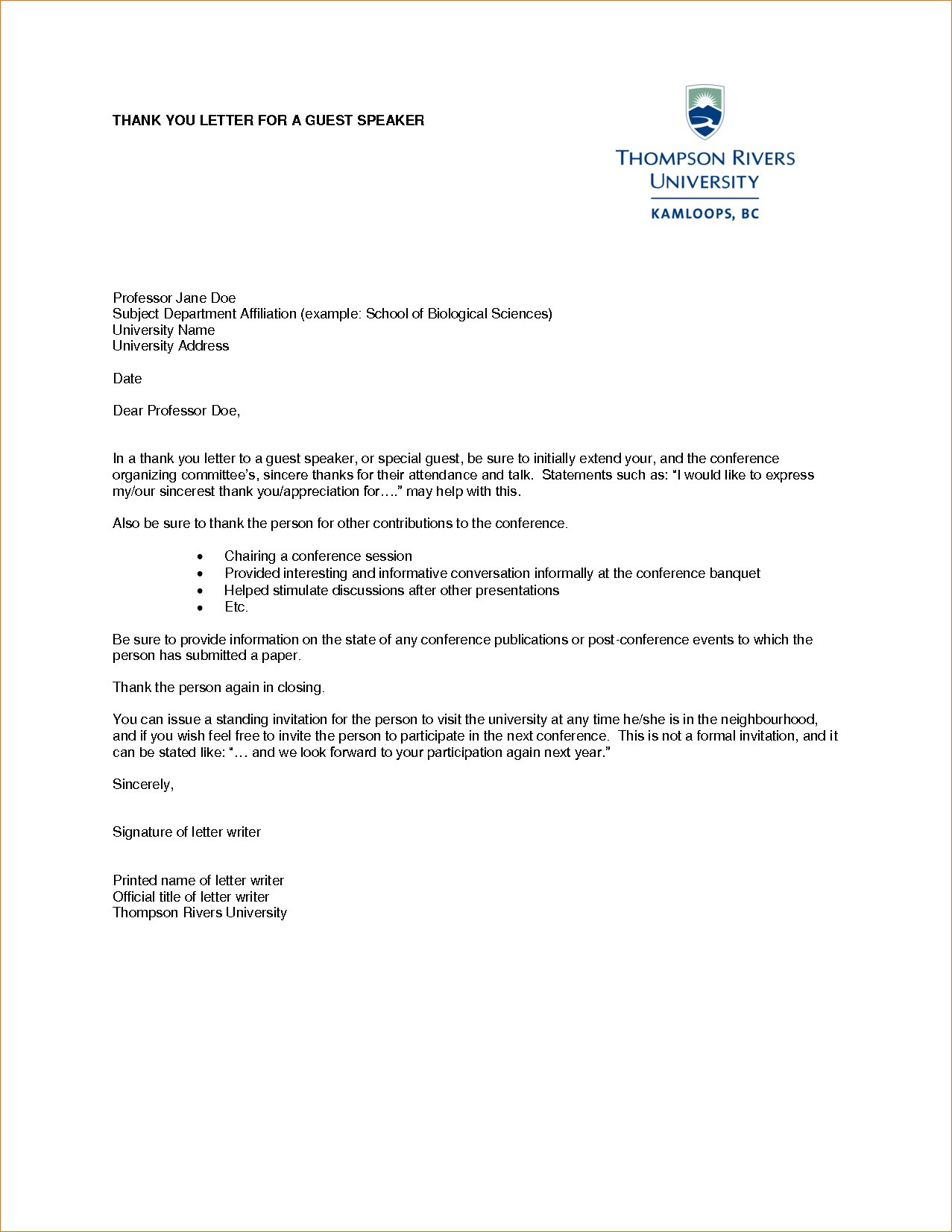 Thank You Letter For Guest Speaker Database Letter Template Collection