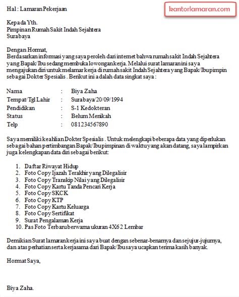 Contoh Surat Lamaran Kerja Klinik Delinewstv