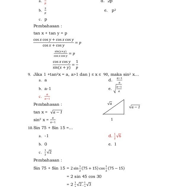 Soal Matematika Kelas 10 Semester 2 Dan Jawabannya Tentang Trigonometri