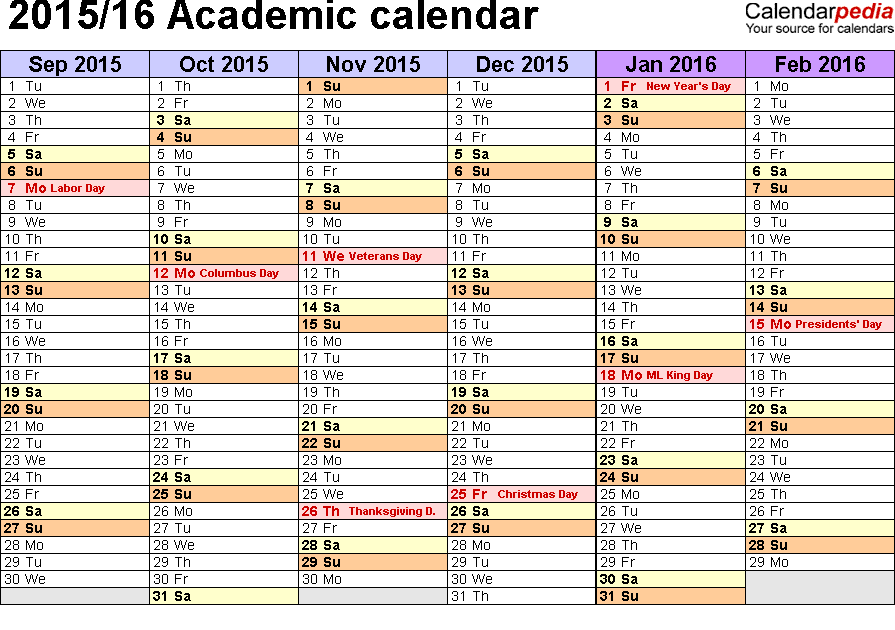 Best Templates Academic Calendars 20152016 Free Printable Excel Templates