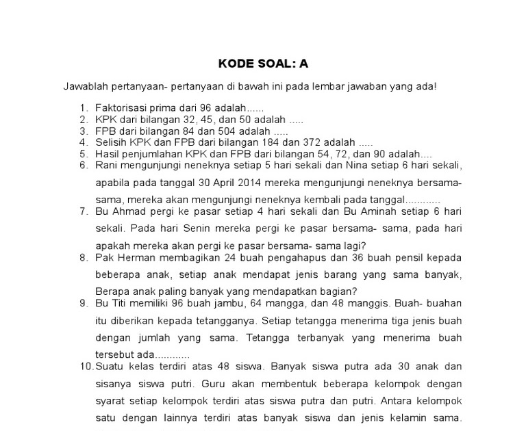 Soal Cerita Tentang Fpb