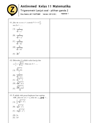 Soal Trigonometri Kelas 11 Peminatan Pdf Homecare24