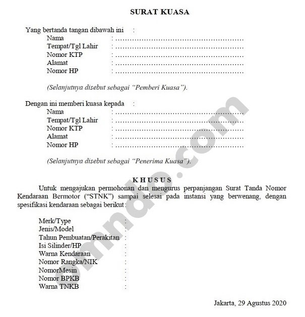 Surat Kuasa Stnk 5 Tahun 5 Contoh Surat Kuasa Pengambilan Bpkb Dan