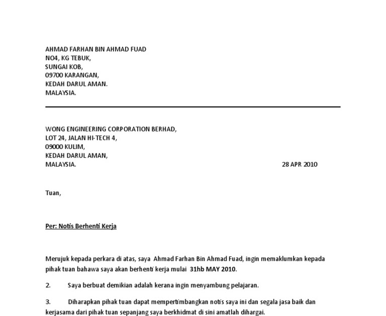 Contoh Surat Pemberhentian Pekerja Dari Majikan Kueh Apem