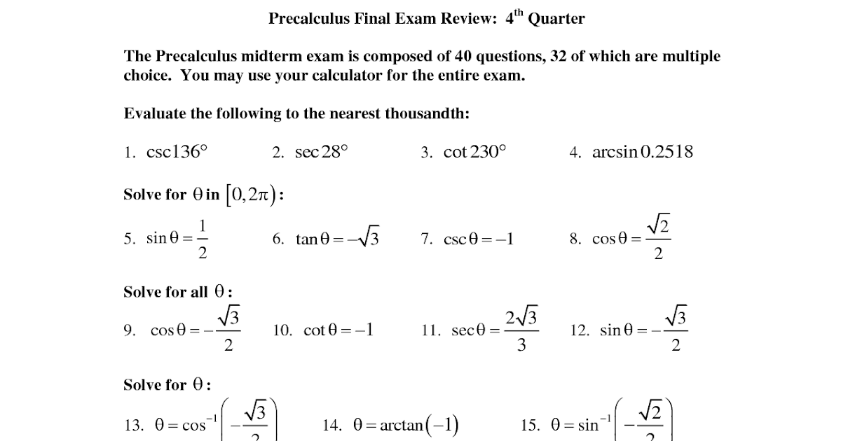 Precalculus Study Guide With Answers