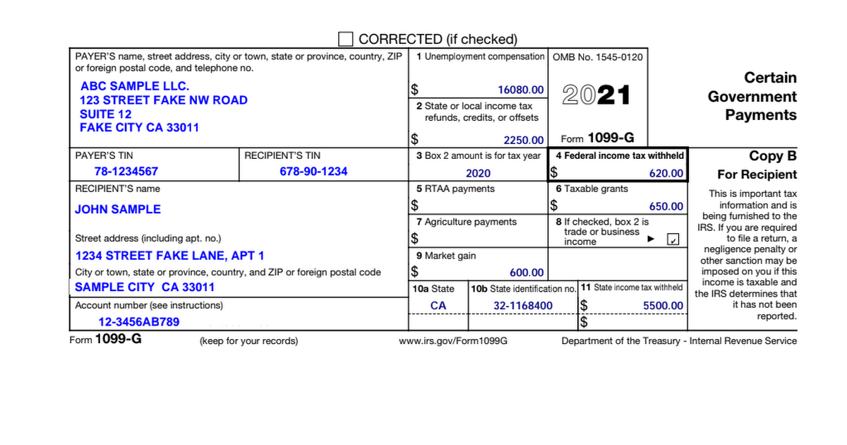 Irs Form 1099 G Certain Government Payments