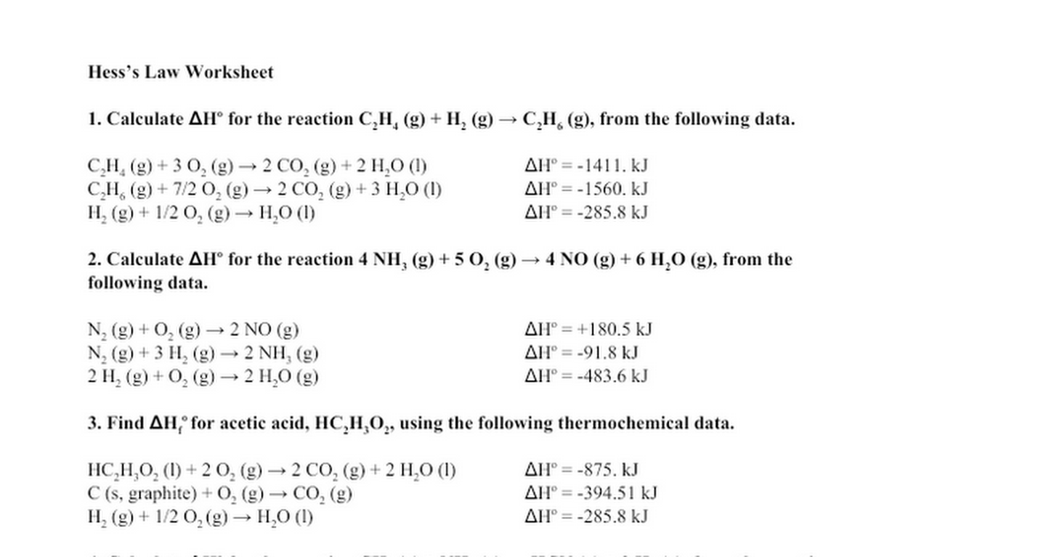 Hess Law Worksheet With Answers