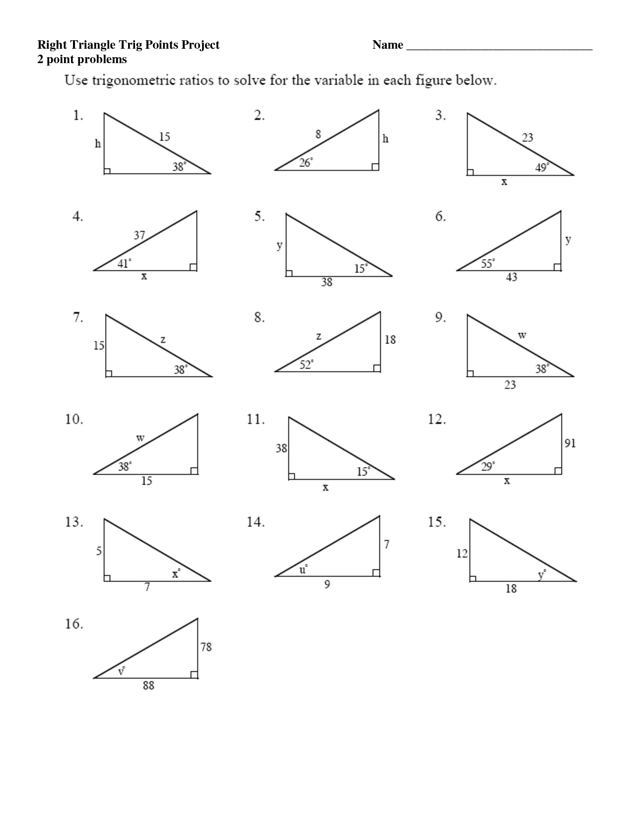 Right Triangle Trigonometry Worksheet