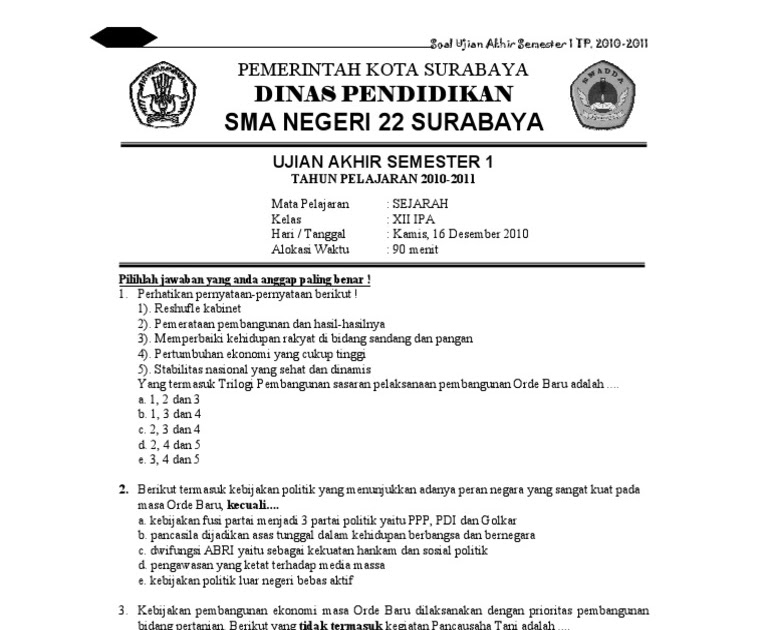 Soal Sejarah Indonesia Kelas 12 Bab 1