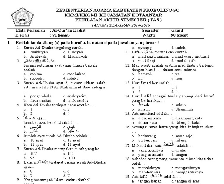 Soal Uas Al Qur An Hadits Kelas 1 Semester 1