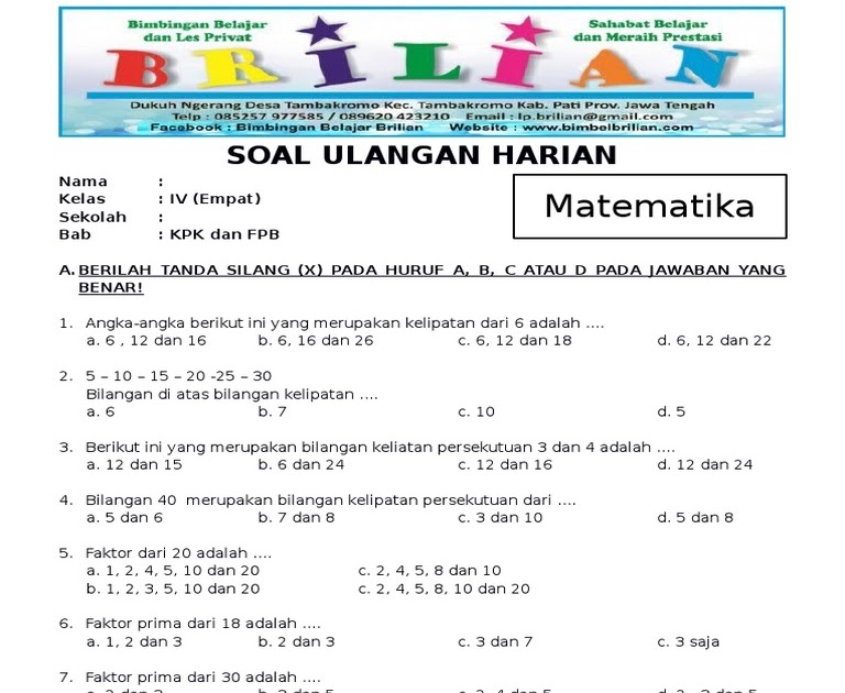 Kunci Jawaban Soal Cerita Kpk Dan Fpb Kelas 4 Terbaru