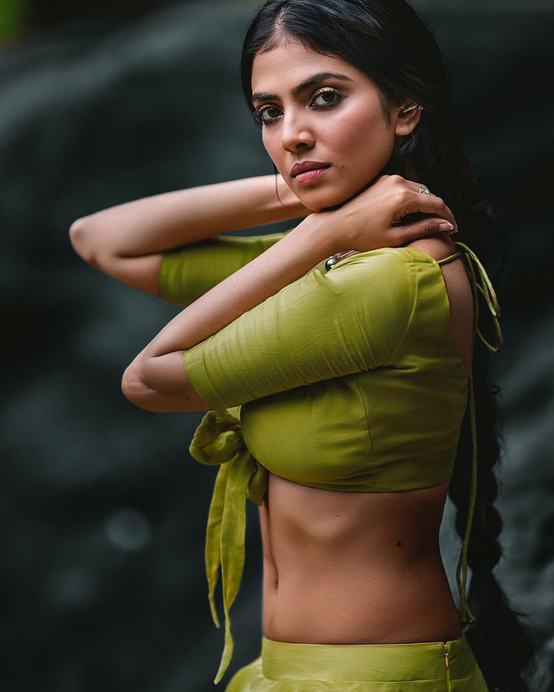 Mallu Actress Malavika Mohanan In Olive Green Open Cut Blouse And Lehanga