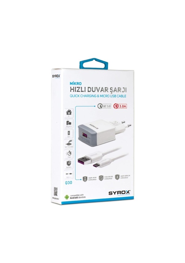 Syrox Q30 Microusb Girişli 30 Amper Hızlı Şarj Aleti Beyaz