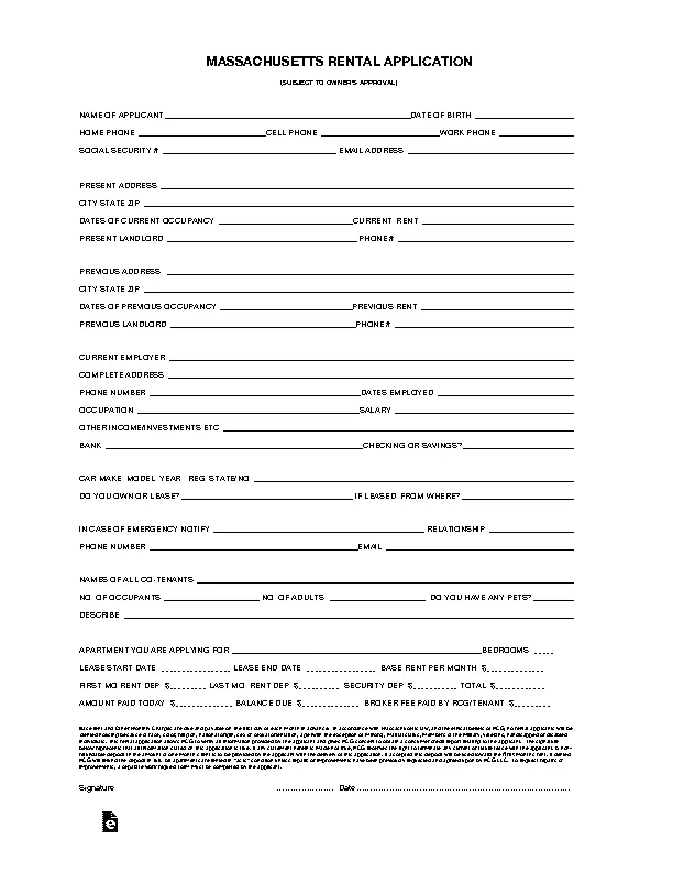 Massachusetts Rental Application Form Pdfsimpli