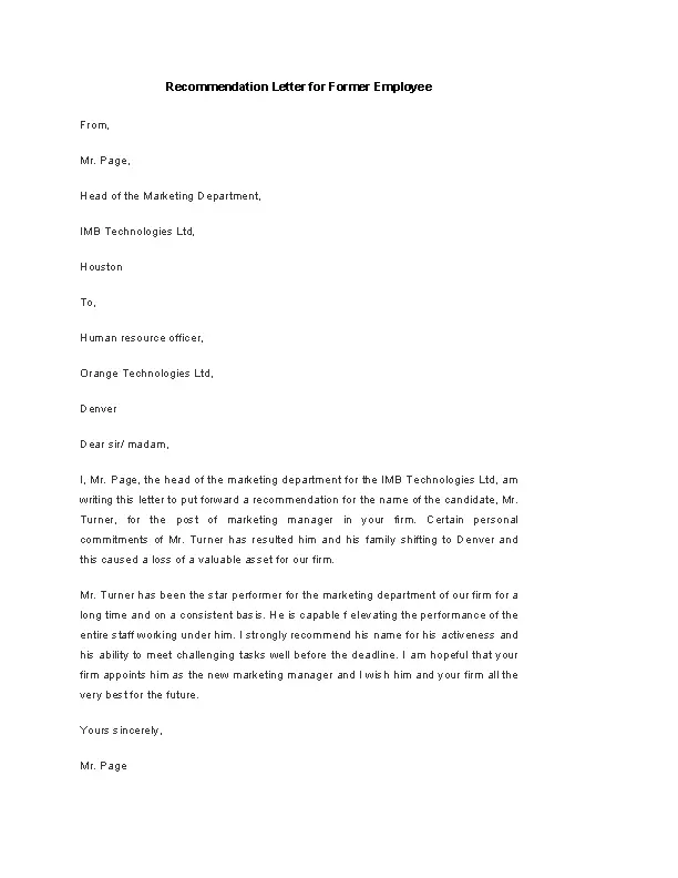 Recommendation Letter Template For Former Employee Pdfsimpli