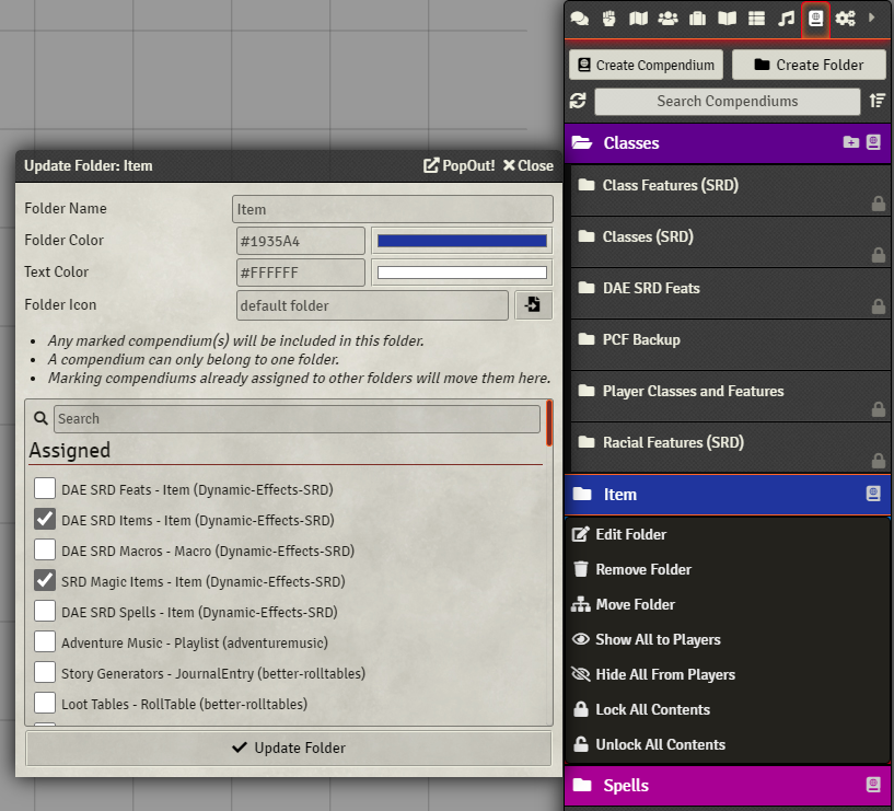 Compendium Folders Foundry Virtual Tabletop