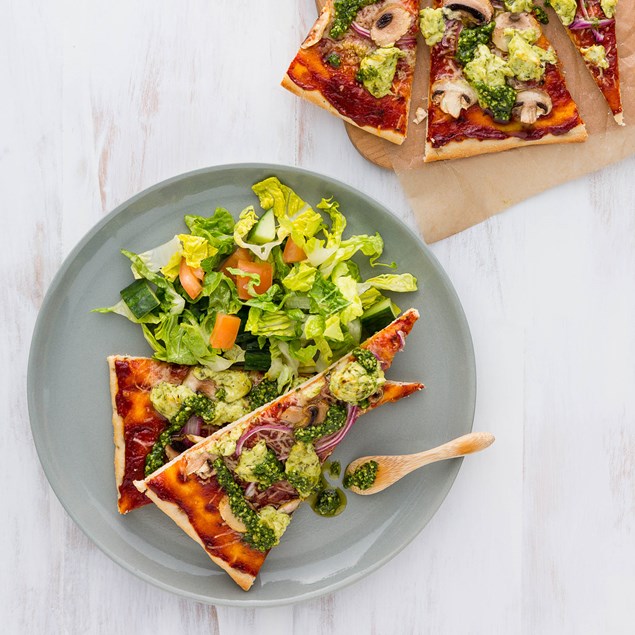 Basil Pesto Cream Cheese And Mushroom Pizzas With Fresh Salad My