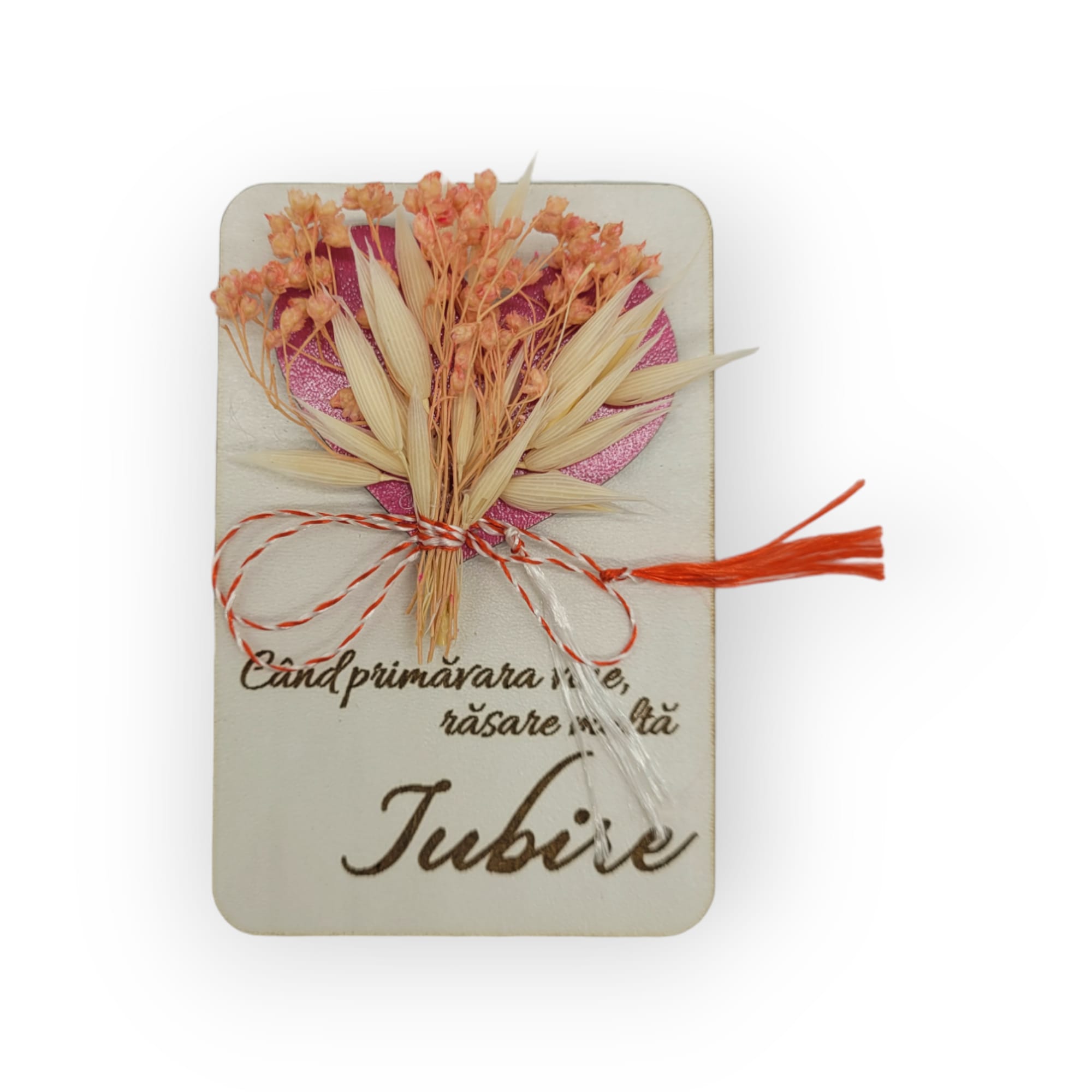 Martisor Alb Cu Magnet Iubire Cu Mesaj Si Flori Uscate 9x6cm Emagro