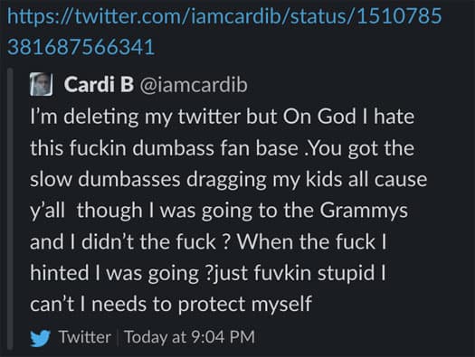 Cardi B Blasts “i Hate This Fcking Dumbass Fan Base” After Fans Target