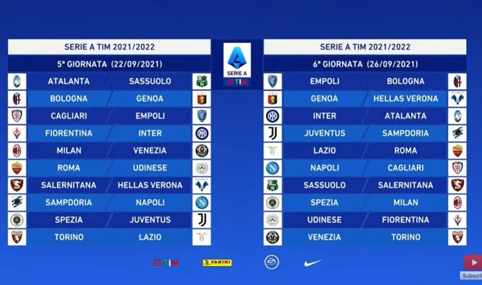 Calendario Serie A 202122 Tutte Le Partite Del Campionato Giornata